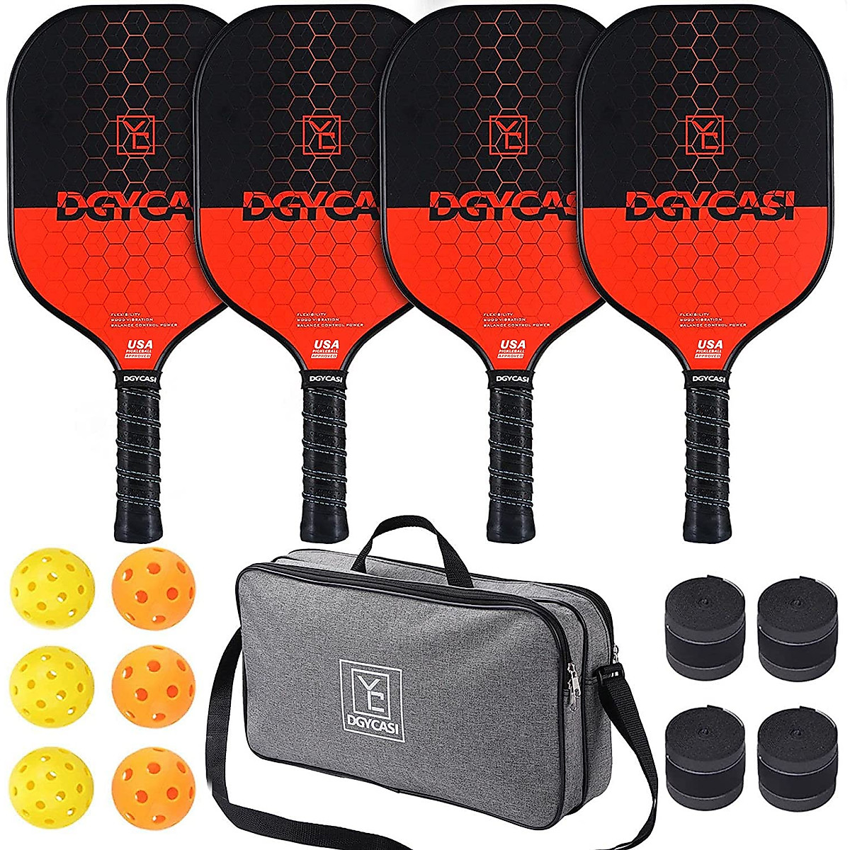 YC DGYCASI Graphite Pickleball Paddles Set of 4, 2024 USAPA Approved, Carbon Fiber Surface (CHS), Polypropylene Lightweight Honeycomb Core, 3 Indoor 3 Outdoor Pickleball, 4 Replacement Soft Grip + Bag
