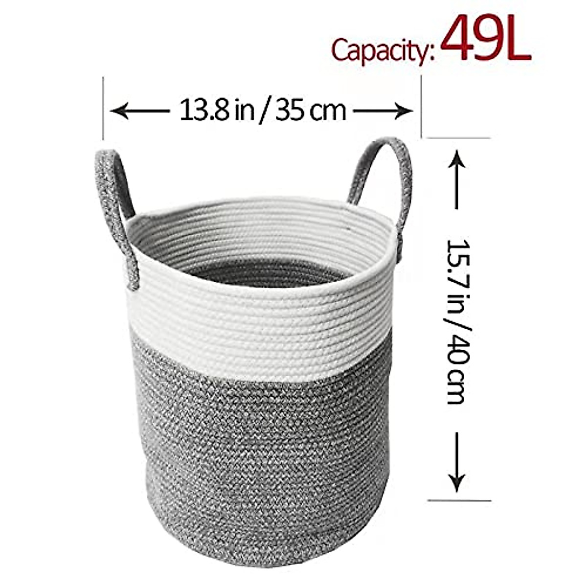 Laundry Hamper, Pure Cotton Rope Basket, Woven Laundry Bag with Handles, Large Clothes/Towels/Storage Organizer, Collapsible Storage Bin for Living Room, Bedroom, Laundry Room, White Gray