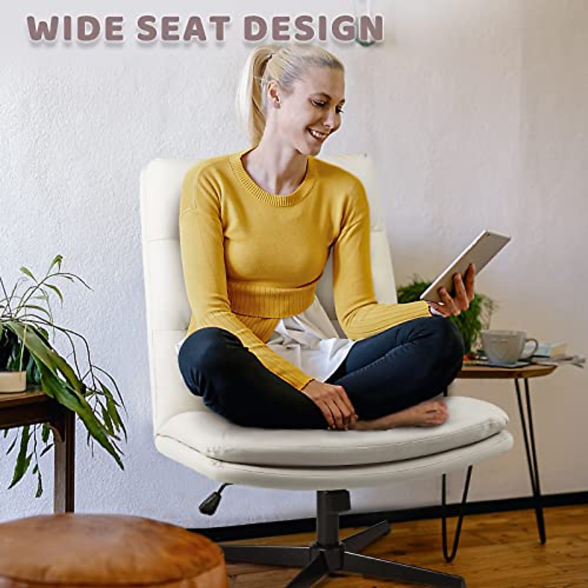 LEMBERI PU-Padded Armless Office Desk Chair No Wheels,High-Back Wide Seat Home Chair,120° Rocking Cross Legged Computer Task Chairs,Modern Adjustable Swivel Vanity Chairs (White)