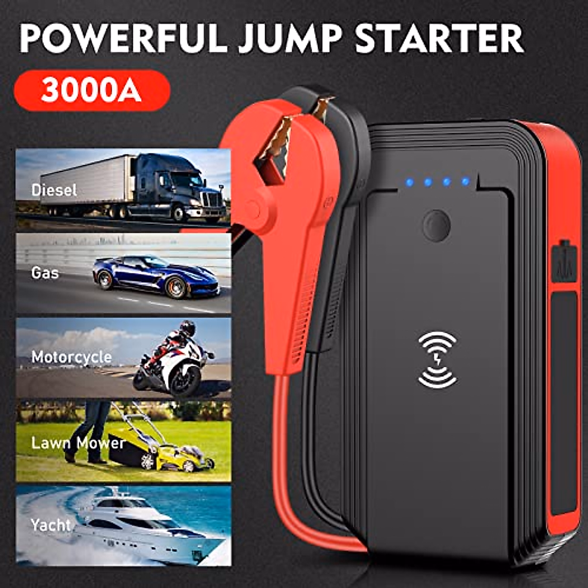 Jump Starter 3000A, Car Battery Jumper Starter Portable, 12V Jump Start Battery Pack up to 7.2L Gas or 8.0L Diesel Engine Jump Starter with Wireless Charging/Power Bank/QC3.0/LED Light