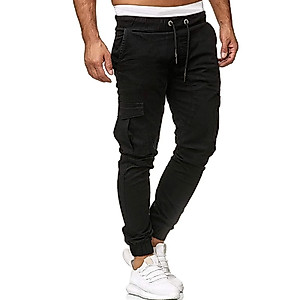 Rela Bota Mens Cargo Pants Jogger Casual Fashion Work Sports Drawstring Sweatpants Outdoor Hiking Trousers with Pockets Black M