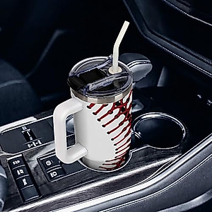 40 Oz Baseball Insulated Stainless Steel Tumbler with Handle & Straw Lid, Reusable Travel Cupholder Friendly Mug for Coffee, Water, Tea