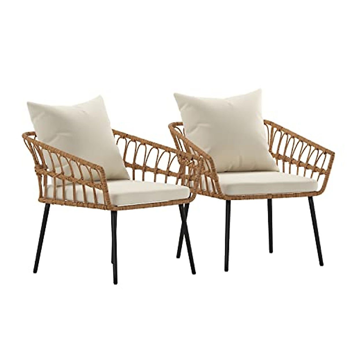 BizChair Evin Set of 2 Boho Indoor/Outdoor Rope Rattan Wicker Patio Chairs with Cream All-Weather Cushions, Natural