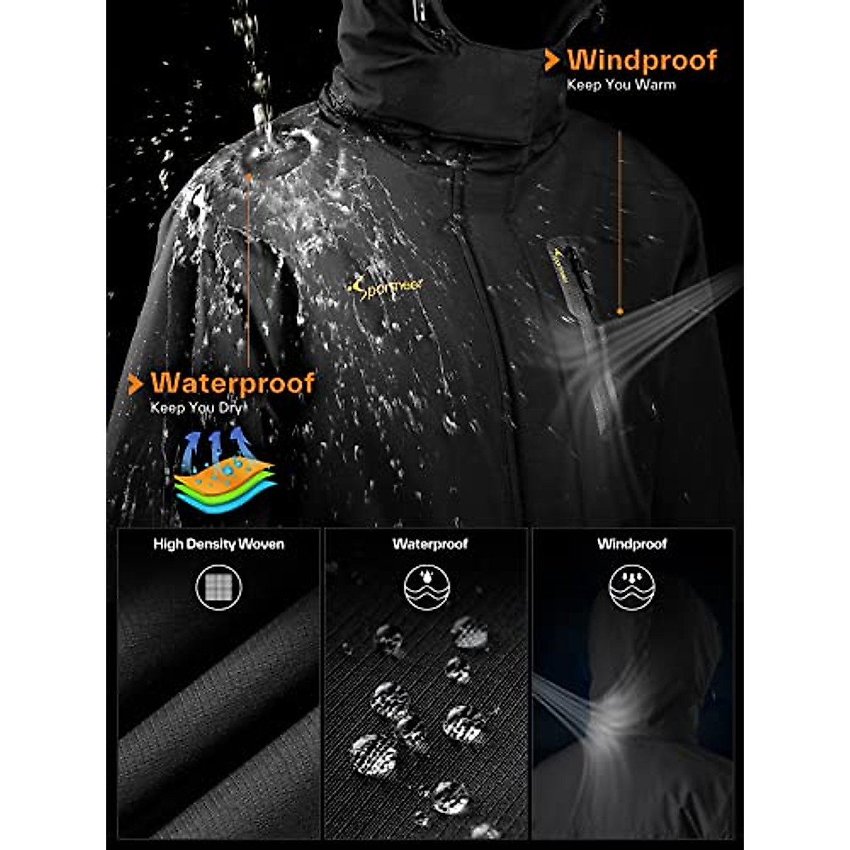 Sportneer Men Waterproof Ski Jackets: Winter Spring Warm Snow Coats Windbreaker Hooded Raincoat Jacket Black L