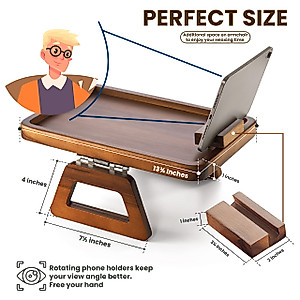 Tinamo Acacia Couch Arm Table with Phone Holder - Wooden Sofa Armrest Tray - Clip-on Tray for Wide Couch - Side Table for Eating & Drink (Acacia)