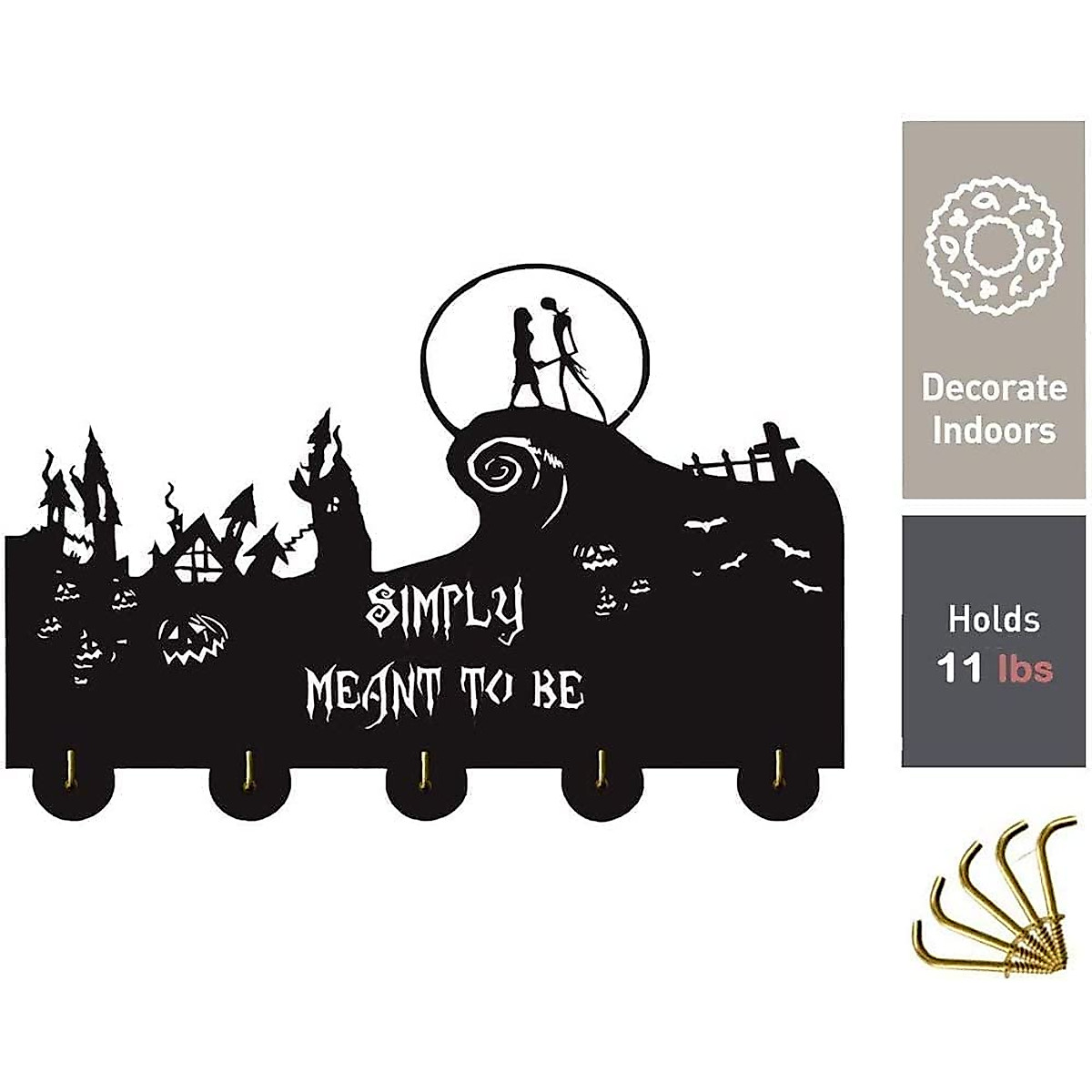 QianZhou-Uk Christmas Halloween Nightmare Decor Key Holder Wall Mounted Hooks for Decorative with 5 Black Metal Organizer Rack Hanger Entryway, Front Door, Hallway, 12X8.2inches (B)