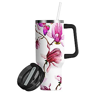Yasala Car Tumbler with Handle Pinks Magnolia Butterfly Travel Mug Coffee Cup Insulated Beverage Container Mega Cup for Hot Cold Drinking Thermos Water Bottle Cupholder Friendly 40 oz