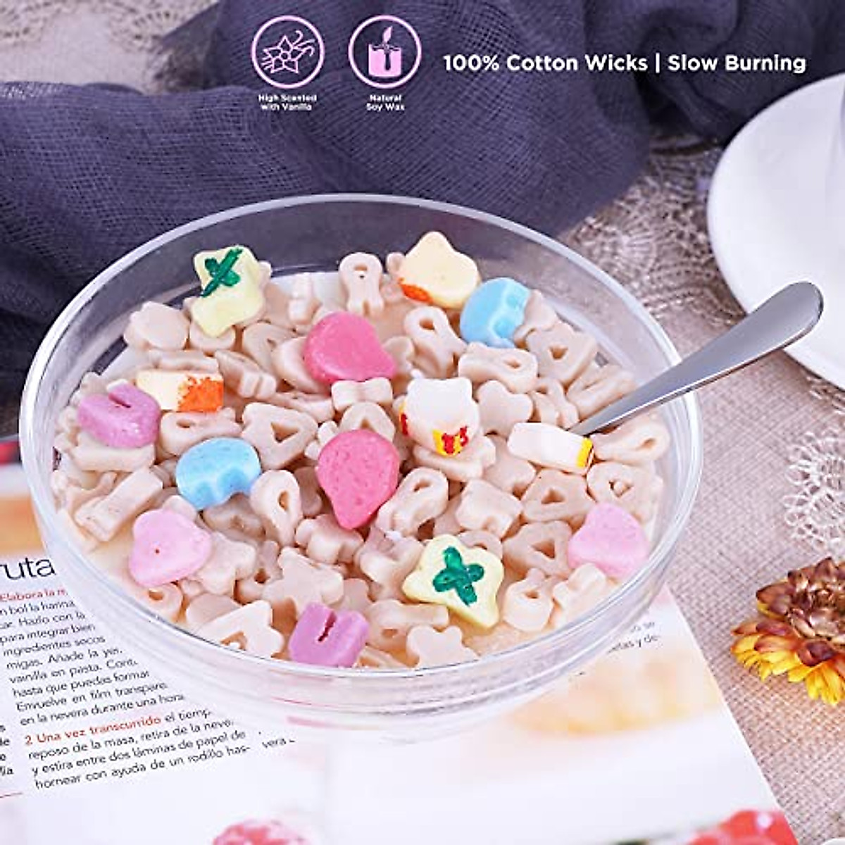 Lucky French Vanilla Charms Cereal Bowl with Metal Spoon Marshmallow and Stars Scented Candle Gift
