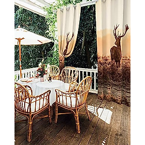 HERBED Outdoor Curtains for Patio 1 Panel Deer in The Grassland Under The Sunrise Waterproof Privacy Outside Curtain Sun Blocking Grommet Blackout Drapes for Porch Gazebo Pergolas Balcony 52x108 Inch