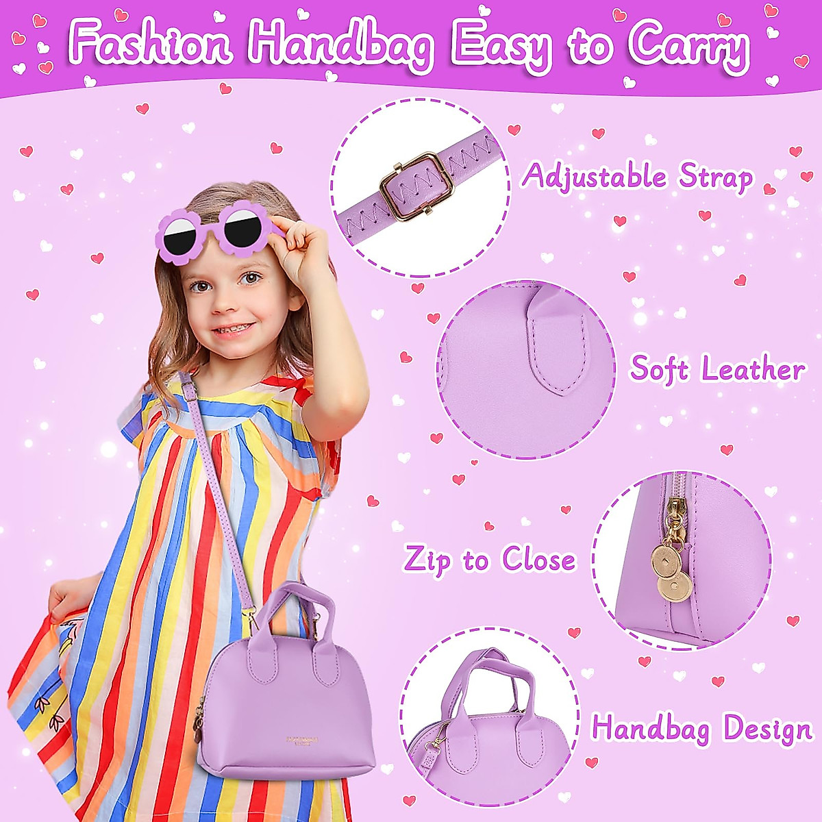 Learn2M Purple Play Purse for Little Girls Ages 3-6, My First Purse Toy with Handbag, Makeup Set, Sunglasses, Smartphone, Wallet, Car Keys, Credit Cards and Fake Money
