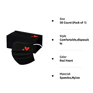 Mikilon, 50 Pcs Adults Black Disposable Face Masks for Women Men with Designs Printed Breathable Full Face Cover Protection 3 Ply (Red Heart), One Size