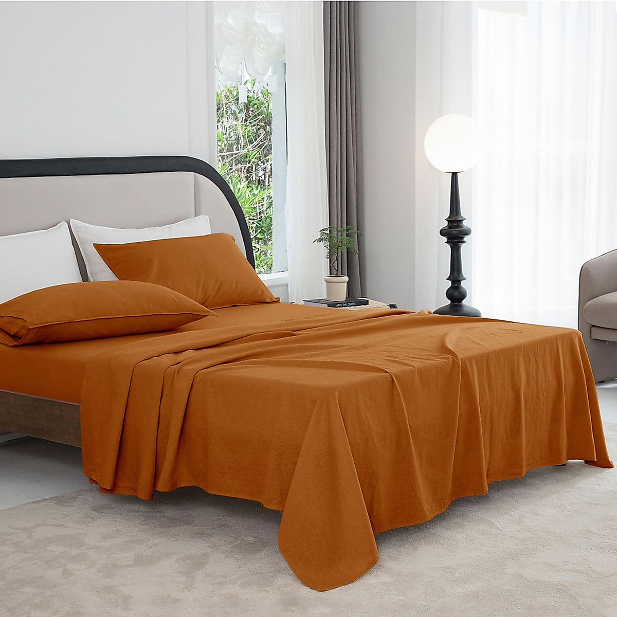 Talasily Linen Sheets California King Linen Bed Sheet 4 Piece Breathable Cotton Bed Sheets, Linen Cotton Blend Sheets for All Seasons- Deep Pockets, Easy-Fit, (California King, Caramel)