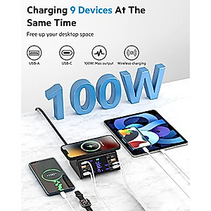 LMAIVE USB Charging Station, 100W Charging Station, 8-Ports Charging Station for Multiple Devices, Multi USB Charger Station, USB C Charging Station Compatible with iPhone, iPad, Samsung, Huawei