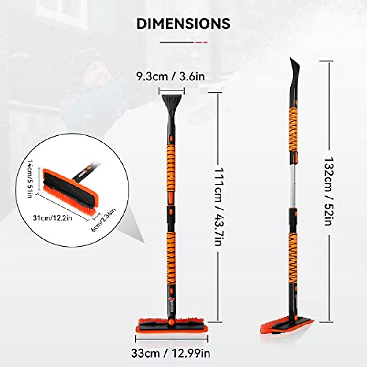 Andeman 52" Extendable Snow Brush and Ice Scraper Car Windshield, Foam Grip, 180° Pivoting Brush Head, Ice and Snow Remover for Cars Trucks RV SUV, House Window and Roof