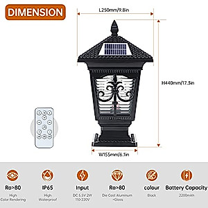 PTOUG LED Solar Post Cap Lamp, IP65 Waterproof Post Light Outdoor Remote Control Dimmable Pillar Lights Aluminum Outdoor Column Light, 17.3" X 9.8" Pillar Pedestal Lantern for Garden Fence