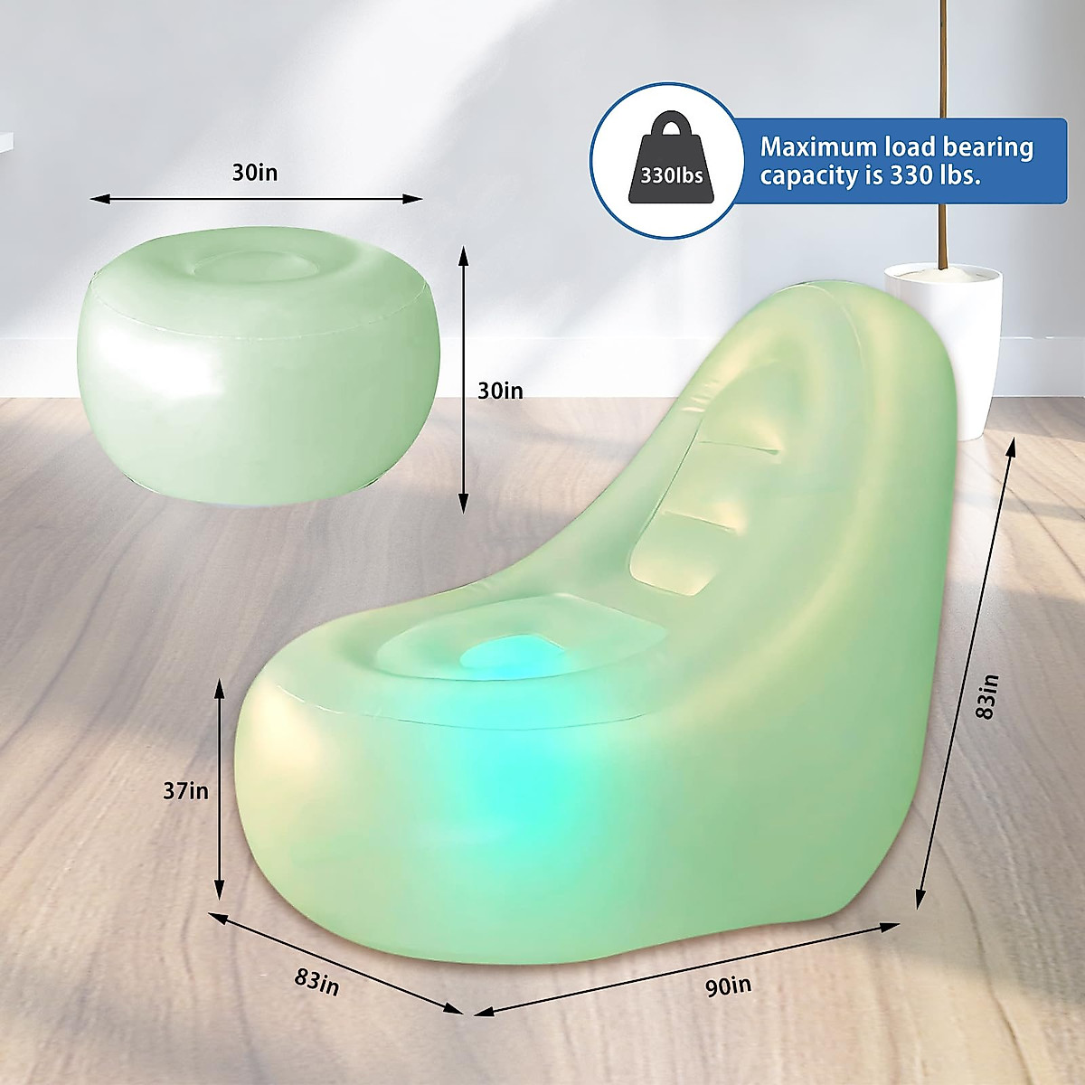Ccinnoe LED Light Air Sofa with Ottoman, Indoor/Outdoor LED Inflatable Chair, Big Size Brow Up Illuminated Sofa, Lazy Couch with LED Lights and Ottoman for Party, Yard, Indoor Rooms