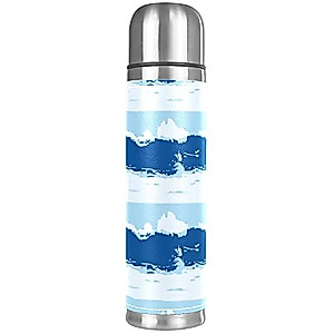 Stainless Steel Leather Vacuum Insulated Mug Blue Wave Thermos Water Bottle for Hot and Cold Drinks Kids Adults 16 Oz