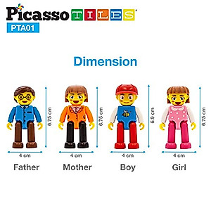 PicassoTiles Magnetic 4 Family Action Figures Toddler Toy Magnet Expansion Pack Educational Add-on STEM Learning Kit Toys Pretend Playset for Construction Building Block Tiles Child Brain Development