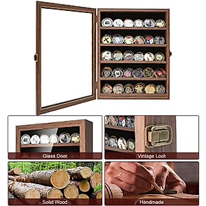 Military Challenge Coin Display Case Holder with HD Toughened Glass and Wall Mount, Wooden Coin Stand Rack with Removable 2 Grooves Shelves, Rustic Brown…