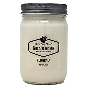 Nika's Home Plumeria Soy Candle 12oz Mason Jar Non-Toxic White Soy Candle-Hand Poured Handmade, Long Burning 50-60 Hours Highly Scented All Natural, Clean Burning Large Candle Gift Décor