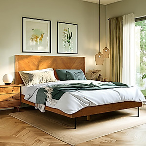 Acacia Alander King Bed Frame and Headboard Solid Wood Platform Bed, Scandinavian Signature Wood Bed Compatible with All Mattress Types, Bed Frame King Bedroom Furniture, Wood Slats Support, Walnut