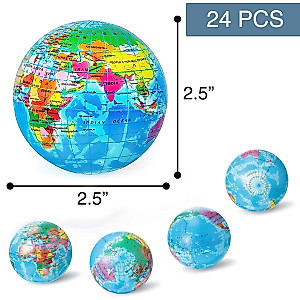 24 Pack - Globe Mini Soft Foam Earth Squeeze Balls, 2.5" Squeezable World Toy Stress Relief Bulk Educational Novelties for Kids, School, Classroom, Party Favors, Rewards