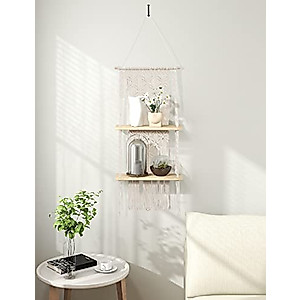 SUMGAR Macrame Wall Hanging Shelves 2 Tier - Boho Hanging Plant Shelf for Wall, Wood Color Woven Rope Floating Shelf, Boho Shelf Window, Bedroom, Bathroom Indoor Wall for Mother's Day, Birthday