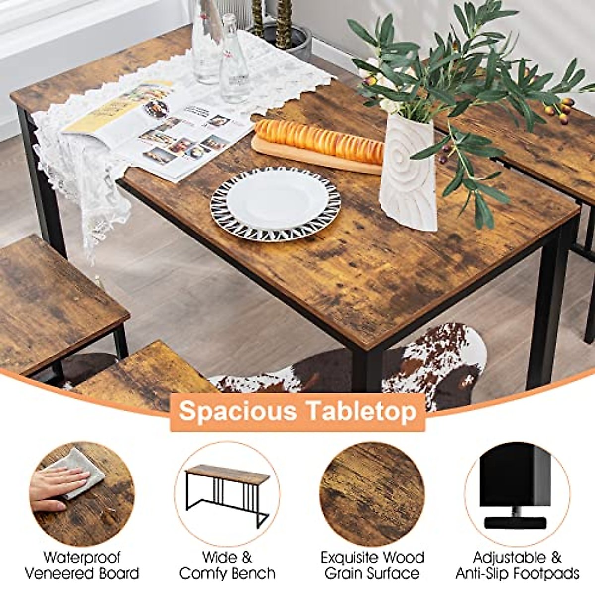Giantex 4 Piece Dining Table Set, Kitchen Table and Chairs for 4, Nesting Furniture Set w/Bench & 2 Stools, Space-Saving Table Set, Modern Desk Set for Dining Room Restaurant