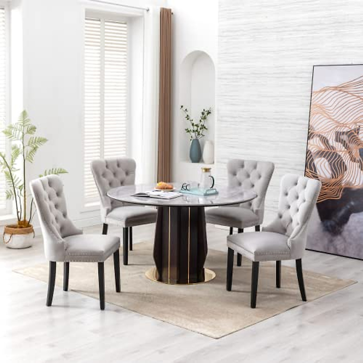 CIMOO Velvet Upholstered Dining Chairs Set of 4 Comfortable Tufted Chair Modern Armless Chairs with Button, Nailhead Trim, (Grey, Ring on The Back)
