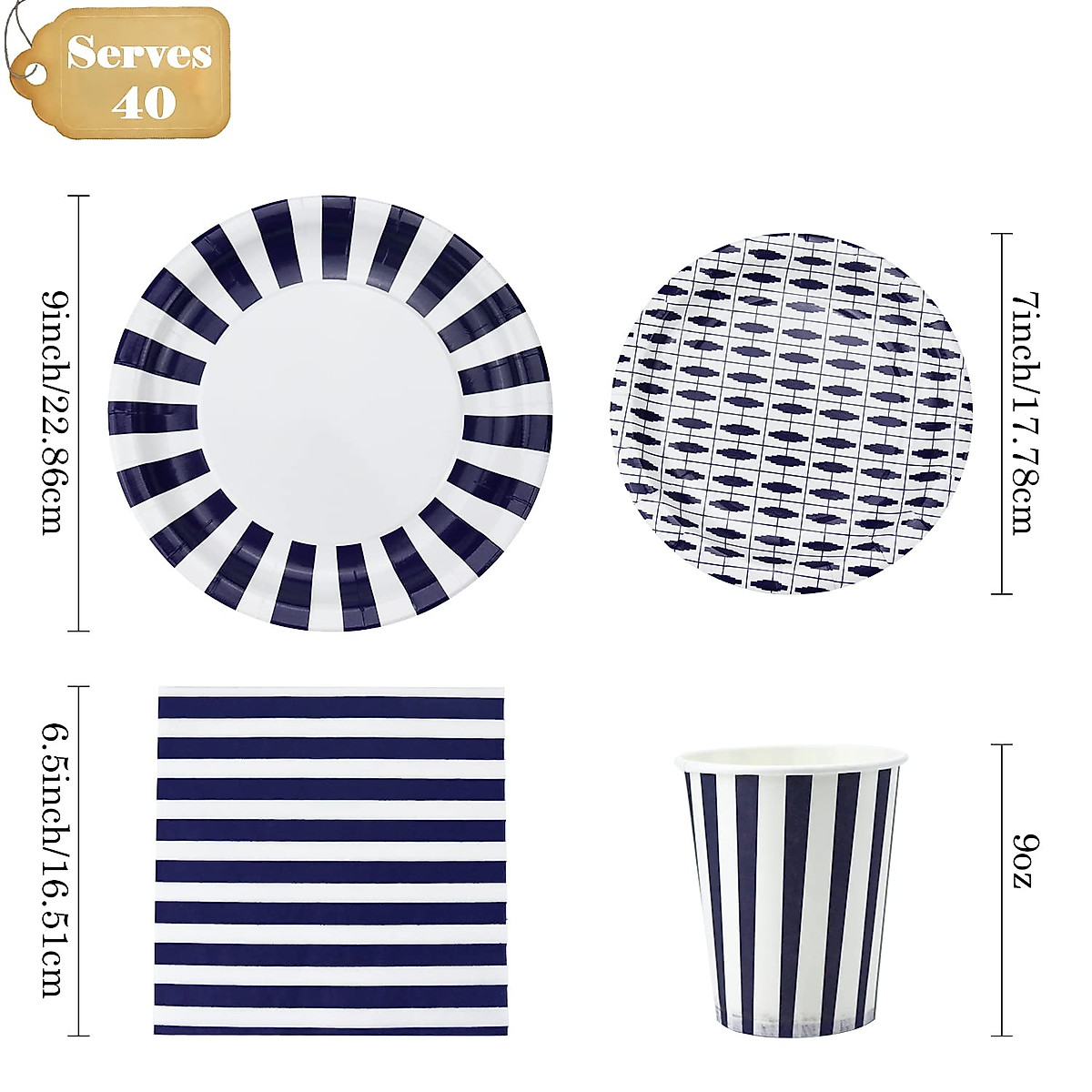 Navy Blue Striped Party Supplies, Blue and White Birthday Party Pack, Navy Blue Paper Plates and Napkins Set for Boys Baby Shower Birthday Graduation Summer Blue Party, Services 40