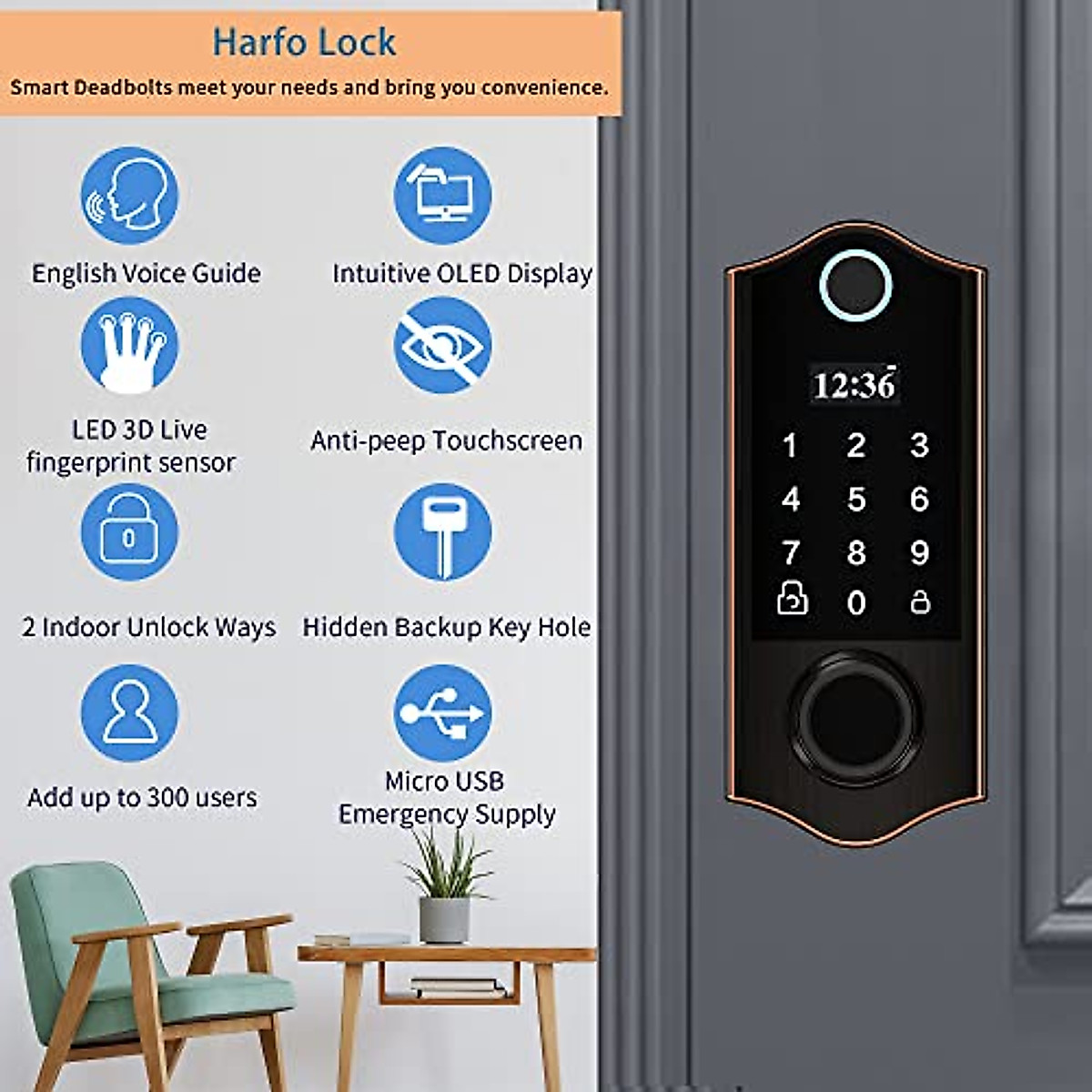 HARFO Fingerprint Door Lock, Keyless Entry Door Lock with Handles, Smart Door Lock, Front Door Lock Handle Sets, Electronic Keypad Deadbolt (Aged Bronze)