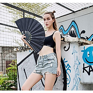 Amajiji Large Folding Hand Rave Fan for Women/Men, Chinease/Japanese Bamboo and Nylon-Cloth Folding Hand Fan for Performance, Festival, Events, Gift, Craft, Dance, Decorations (Black)