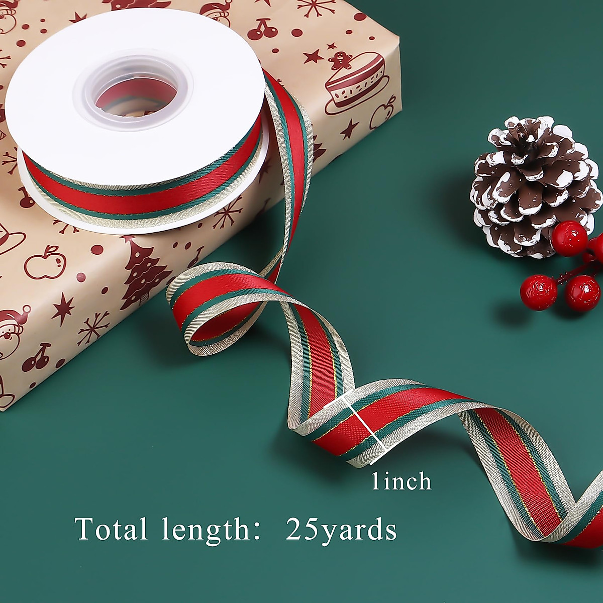 Hiswan Christmas Red and Green Plaid Ribbon, 1 Inch Wide x 25 Yards, Polyester, Classic, Christmas