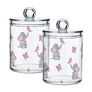 YYZZH Cute Elephant Baby Play With Butterfly Animal 2 Pack Qtip Holder Dispenser for Cotton Swab Ball Round Pads Floss 10 Oz Apothecary Jar Set for Bathroom Canister Storage Makeup Organizer