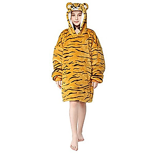 RONGTAI Oversized Wearable Blanket with Giant Pockets, Popular Wearable Blanket,Soft Plush Sweatshirt Hooded,One Size Fits All(Tigger,Kid Size)…