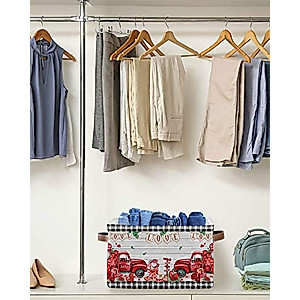 Valentine Large Storage Baskets Bins Waterproof Fabric, Saint Truck Red Rose Boho Farmhouse Plaid Rectangular Storage Box for Shelf Closet Organizer ( 2 Pack)