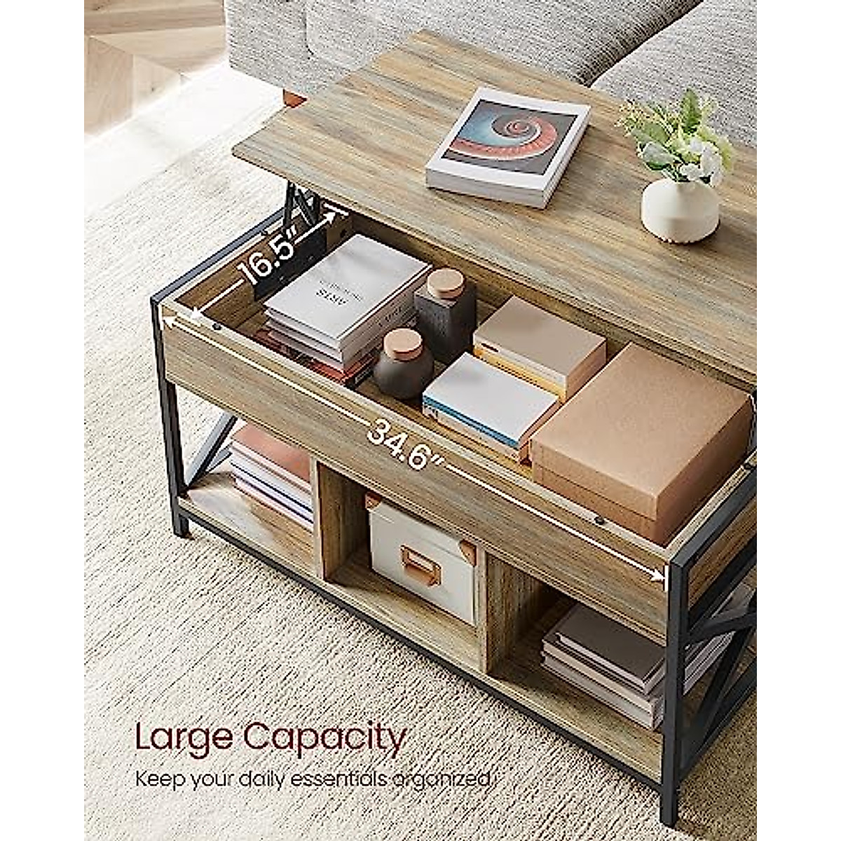 VASAGLE Lift Top Coffee Table for Living Room, Industrial Coffee Table with Hidden Compartments and Storage Shelf, Steel Frame, 19.7 x 39.4 x (19.3-24.4) Inches, Oak with Blue Grains ULCT202B60