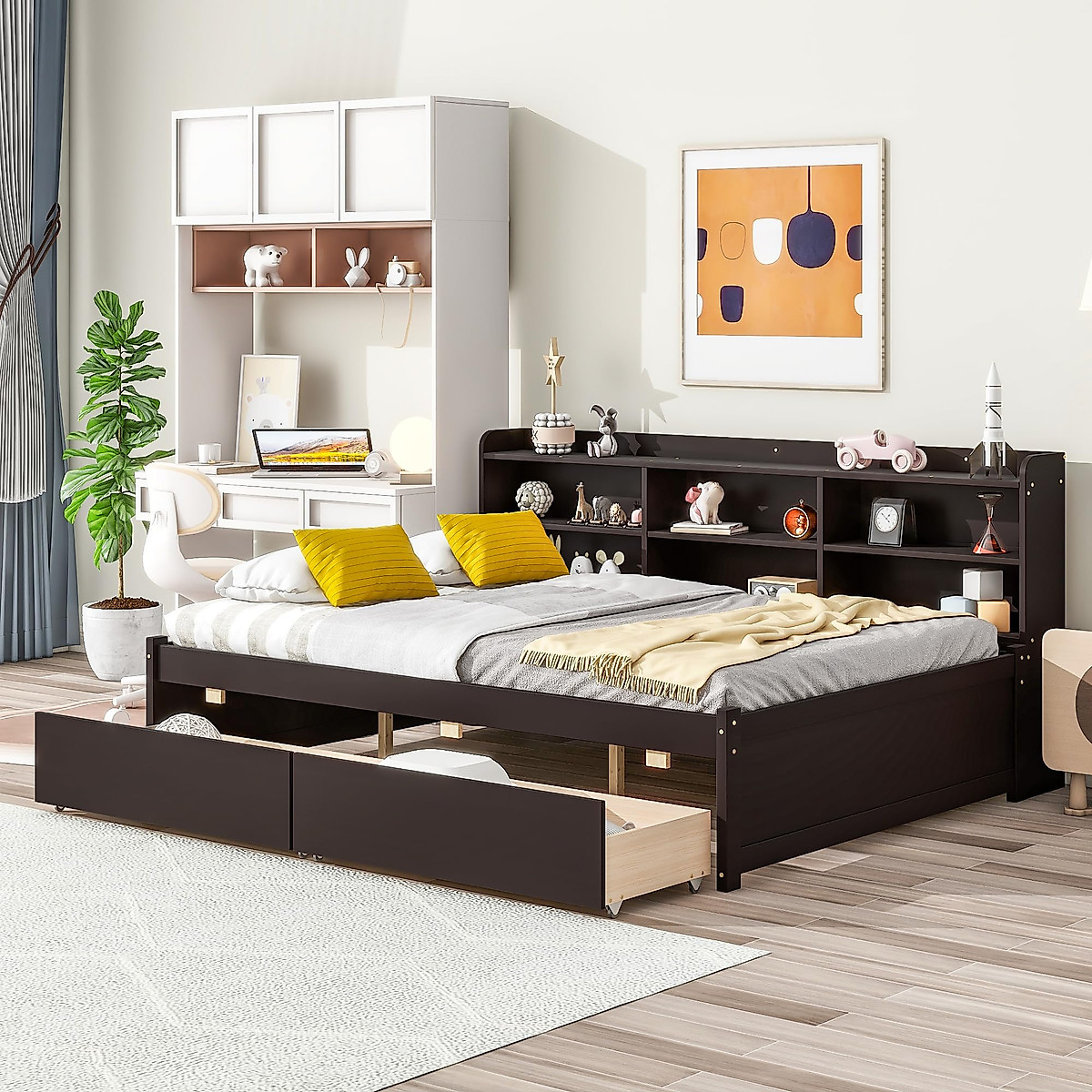 DNChuan Full Size Daybed with Bookcase and Underneath Storage Drawers,Captains Corner Day Bed,No Box Spring Needed for Kids Boys Girls Adults,Espresso