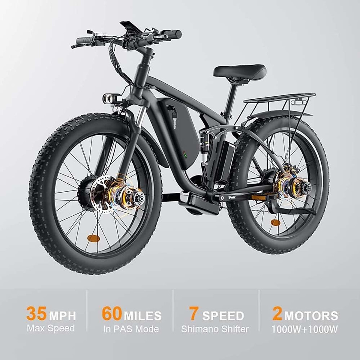 StudentsZone SMLRO V3 Adults Electric Bike, 2000W Dual Motor 48V 22Ah Ebike, 82NM Torque 35MPH Electric Bicycles Shimano 7 Speed with 26" MTB for Trail Riding Excursion Commute (White)