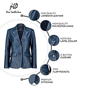 Jild Classic 2-Button Lambskin Leather Blazer Women - Casual Coat Long Sleeves Suit Style Leather Jacket Women (LC-Blue-XL)