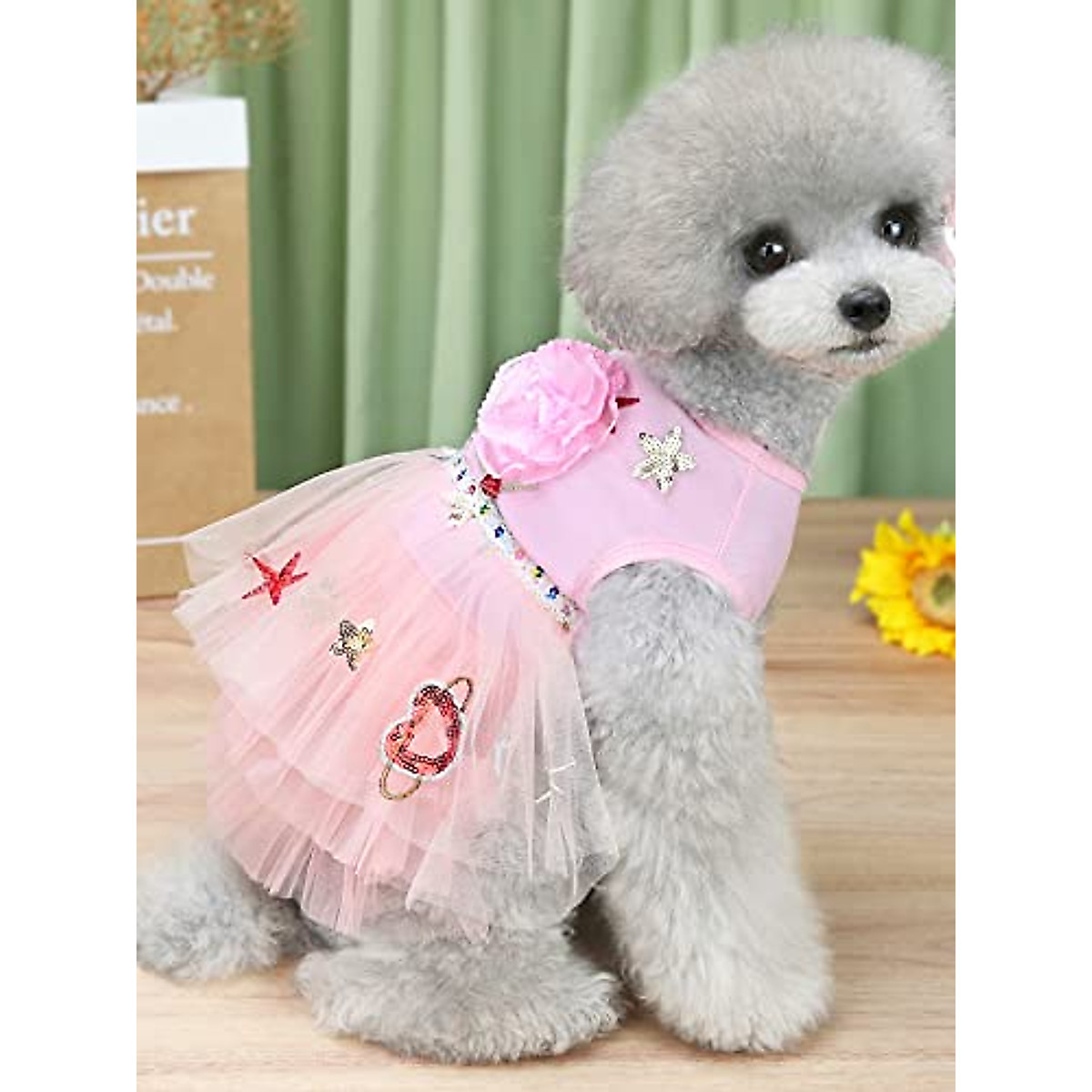 QWINEE Sequin Patch & Flower Decor Dog Dress Cat Puppy Sleeveless Mesh Princess Dress Breathable Soft Bling Pet Tutu Skirt Dresses for Small Medium Large Dogs Cats Kitten Light Pink S