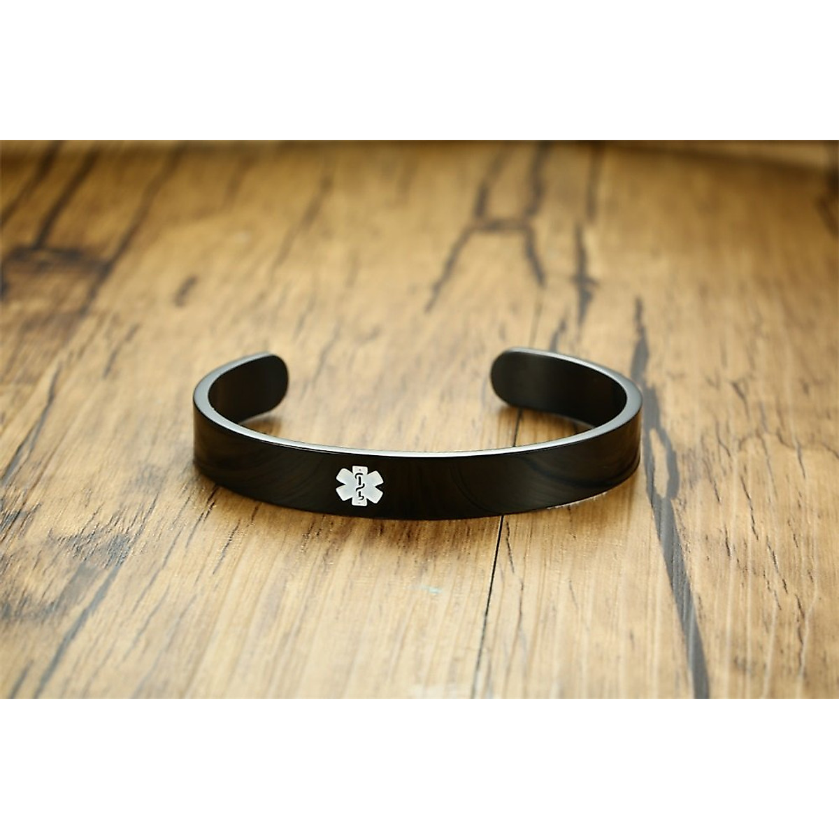 MEALGUET Stainless Steel Cuff Medical Alert ID Bracelet Open Metal Custom Medic Identification Cuffs Bangle for Men Women,7.7-8 Inches,Black Ion Plated