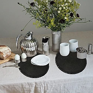 FunWheat Paper Round Braided Placemats Set of 6 for Dining Tables 15 Inch Heat Resistant Table Mats Farmhouse Woven Fabric Natural Place mats for Decoration with Tassel(Black)