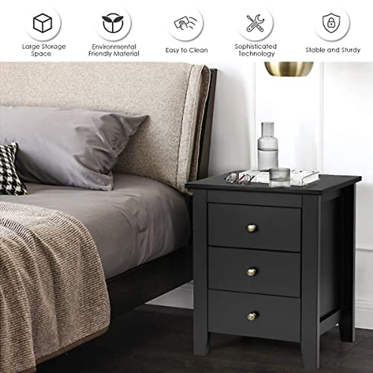 Giantex Nightstand with 3 Drawers Set of 2, Wooden Side Table w/Solid Wood Legs & Storage Cabinet, Bedside Accent Sofa Table for Bedroom Small Space, Black