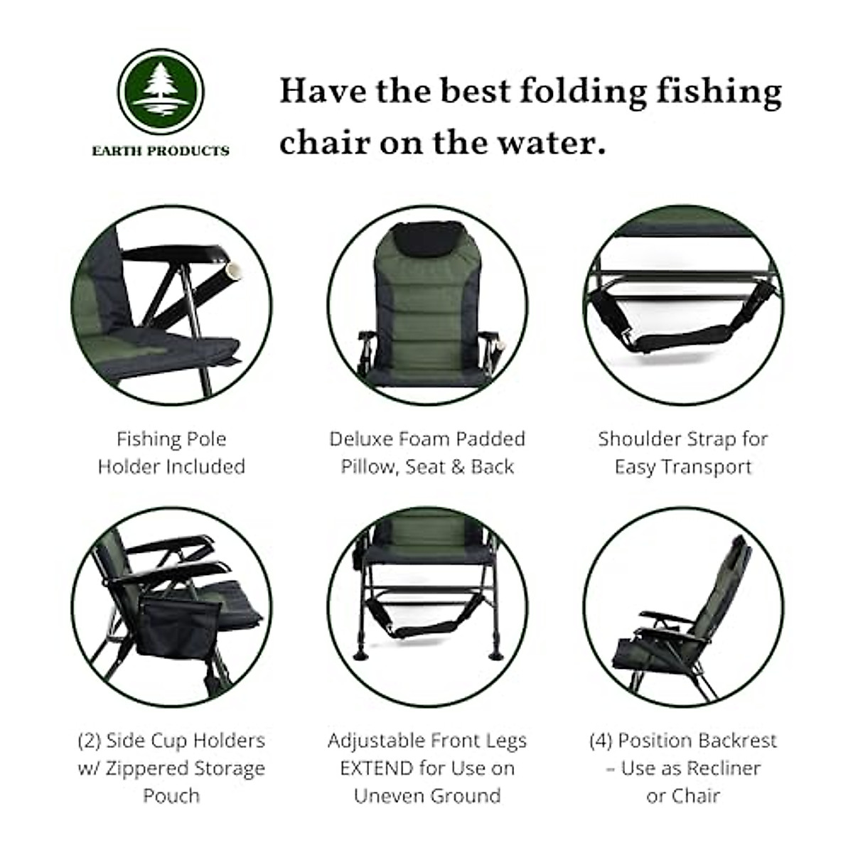 Earth Executive Folding Fishing Chair, Ultimate Comfort with Reclining Feature, Sleek Design, and Adjustable Extending Legs, Ideal for Fishing, Camping, Picnics, Sporting Events, and Tailgates