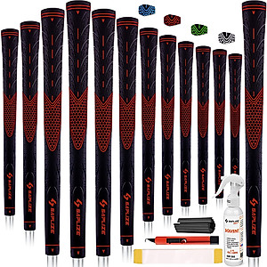 SAPLIZE Classic Rubber Golf Grips 13 Pack, High Feedback, Non-Slip, 13 Grips with Full Solvent Kit, Standard Size, Red, CC01 Series