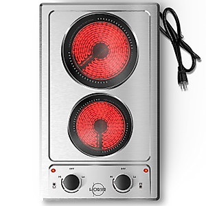 2 Burner Electric Cooktop 110v, Plug in Stainless Steel Electric Stove Top 12 inch Knob Control Countertop & Built-in Radiant Electric Stove with Residual Heat Indicator, Over-Temperature Protection