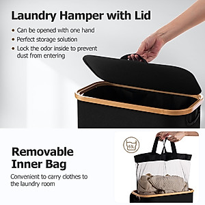 joybest 63L Slim Laundry Hamper with Lid, Black Narrow Laundry Basket with Removable Inner Bag & Bamboo Handles, Skinny Dirty Clothes Hamper for Bathroom, Bedroom & Laundry Room