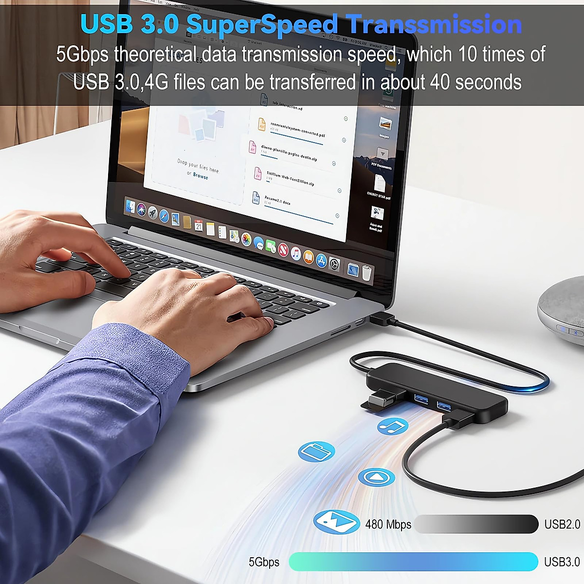 USB Hub 3.0, USB multiport Adapter,USB Port hub,USB Splitter for Laptop, PC, MacBook, Mac Pro, Mac Mini, iMac, Surface Pro and More (Black-USB 3.0/0.3m)