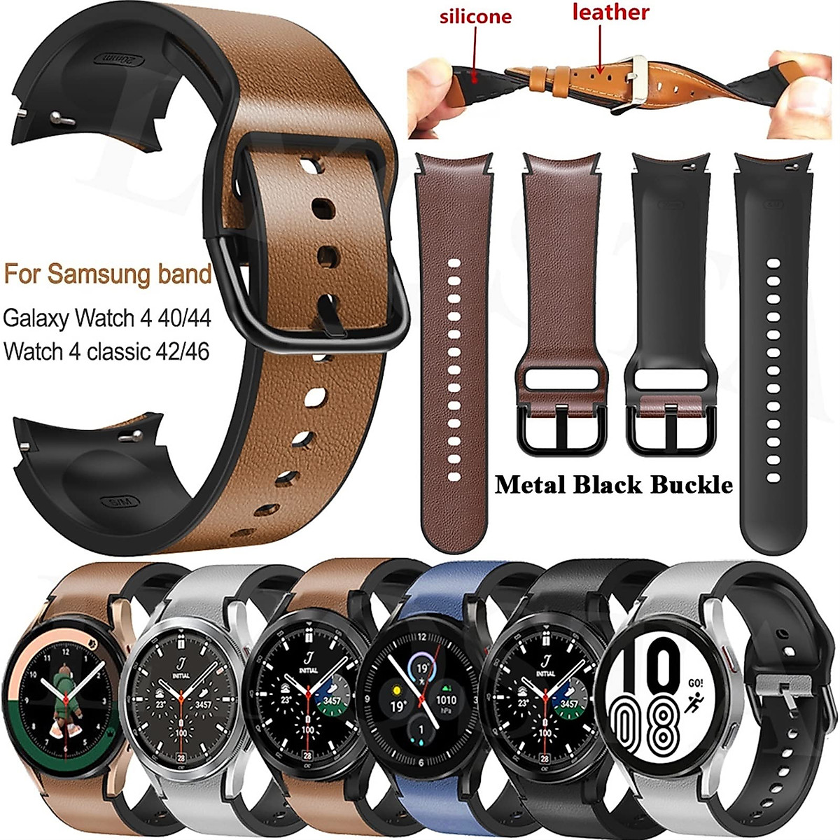 COEPMG 20mm Silicone+Leather Smart Straps for Samsung Galaxy Watch 4 Classic 46 42mm/Watch4 44mm 40mm Band No Gaps Wristbands Bracelet (Color : Dark Brown, Size : Galaxy watch4 40mm)